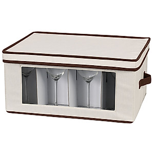 Household Essentials Natural 540 Vision Storage Box with Lid and Handles |Stemware and Glasses for Cocktails Beige Canvas with Brown Trim