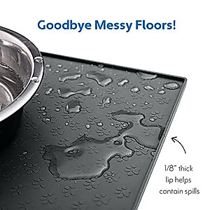 MIGHTY MONKEY Silicone Pet Feeding Mat, Waterproof Placemat for Dog and Cat Bowls, Raised Edges, Prevent Water Spills and Food Messes on Floor, Paw Print Tray Mats, Dishwasher Safe, 18x12, Gray
