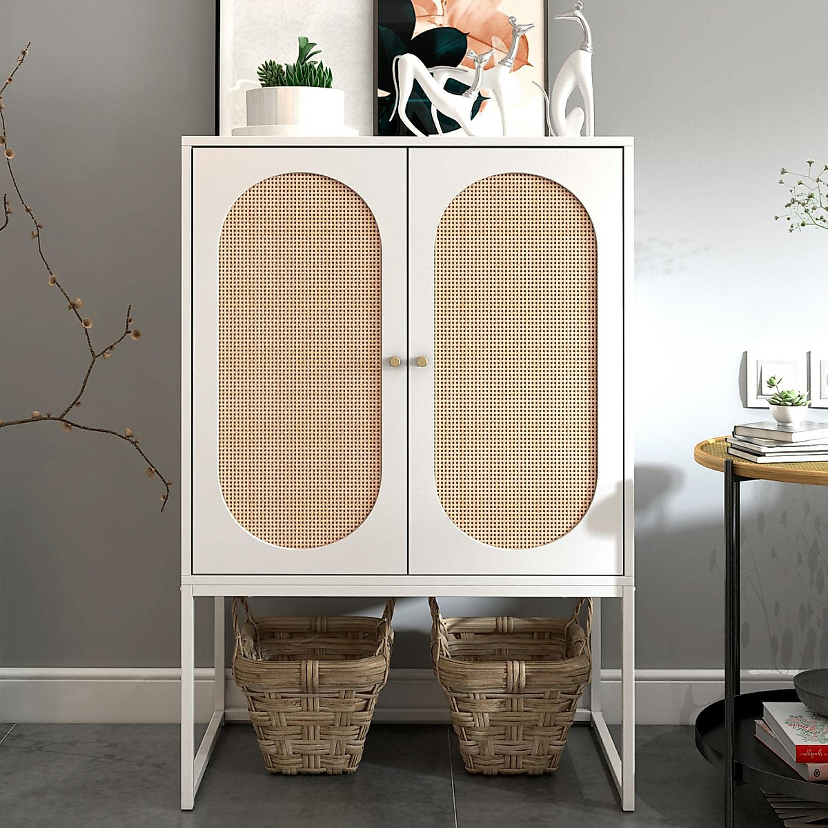 Lamerge Rattan Cabinet,2 Door Sideboard Buffet Cupboard Accent High Cabinet with Natural Rattan,Free Standing Bookmatch,Adjustable Shelves,Easy Assembly,White (LRC-W)