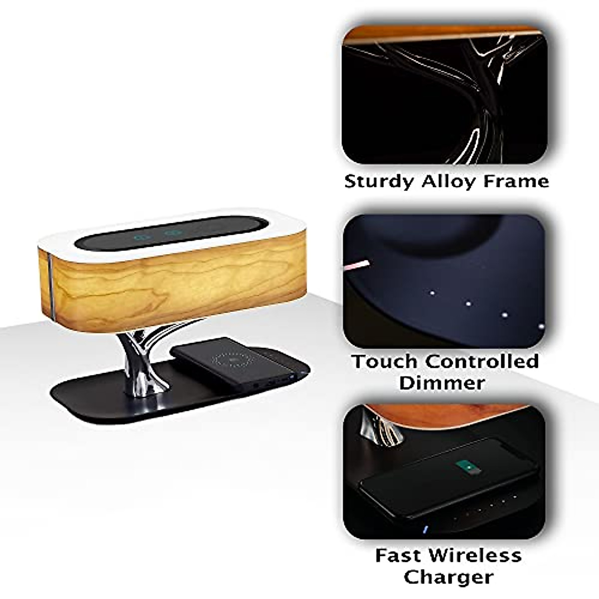 Well Guided Tree of Light Bedside Table Lamp Shade Modern Bedroom Desk Night Light Bluetooth Speaker Fast Qi Wireless Charger Touch Control Dimmable LED Light Smart Corner Lampshade Cherrywood