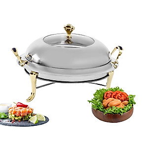 Round Chafing Dish for Buffet, 3.17Qt Stainless Steel Dining Stove without Ears, Food Warmer with Lid and Chafing Fuel Holder for Banquets Outdoor Party Dining-Without Water Pan, Gold