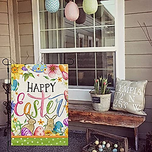 CROWNED BEAUTY Happy Easter Bunnies Garden Flag Floral 12x18 Inch Double Sided for Outside Burlap Small Holiday Yard Flag CF708-12