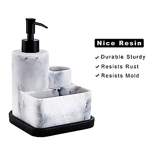 ZCCZ White Soap Dispenser with Sponge Holder, Kitchen Soap Dispenser Pump, Sponge Caddy and Brush Holder 3 in 1 Set Organizer for Sink Countertop, Removable Tray, Marble Look