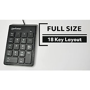 MANHATTAN Wired USB Numeric Keypad – 18 Full Size Keys & Ultra Slim Lightweight Ergonomic Number Pad Design - for Laptop, Desktop, Computer, PC – 3 Yr Mfg Warranty - Black, 179911