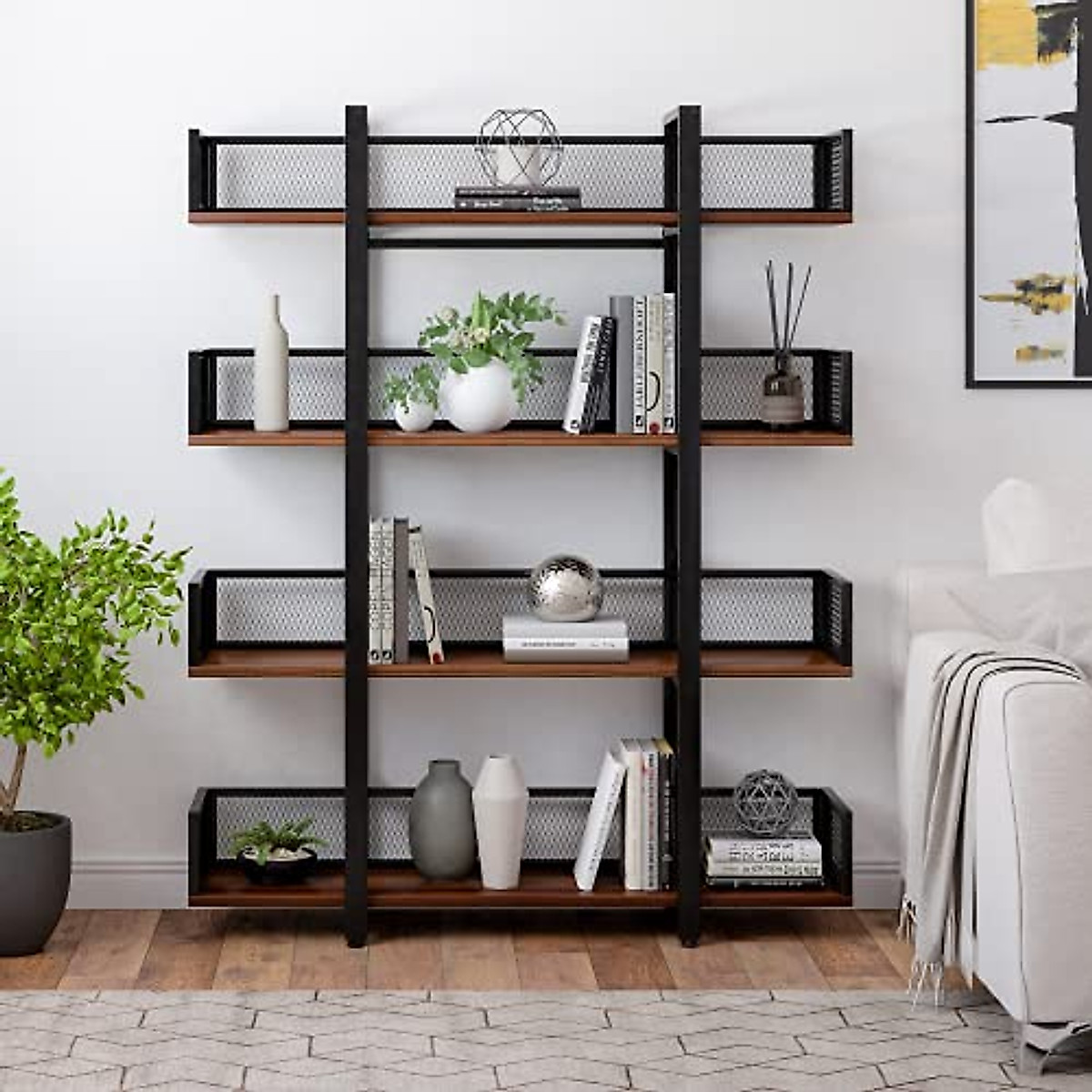 Sturdis Solid Wood Black Metal Industrial Bookshelf - 4 Tier - Visually Appealing & High Capacity for Book Storage