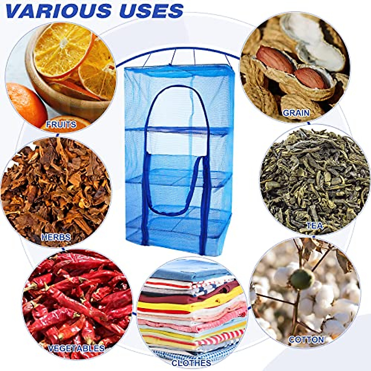 Cunno 4 Pcs Herb Drying Rack 4 Layer Hanging Drying Net Folding Fish Mesh with Zippers Non Toxic Nylon Netting for Fish Vegetables Meat Herb Fruit Plants Net Dry Cage, Blue, 13.8 x 13.8 x 25.6 Inch