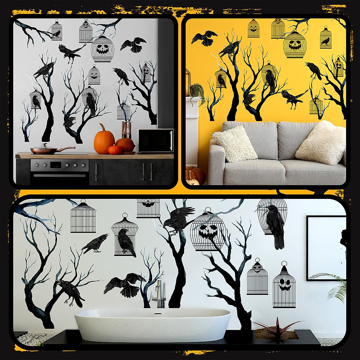 Seajan 4 Sheets Halloween Wall Decals Halloween Black Wall Stickers Black Tree Crow Cage Wall Decals Large Halloween Wall Decals Halloween Home Decor DIY Art for Wall Window Door (Birdcage, Crow)