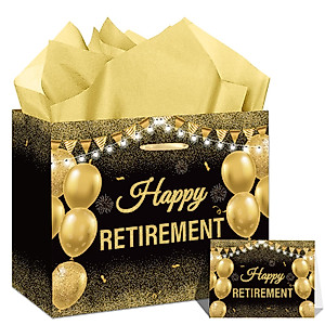 Retirement Gift Bag with Tissue Paper Set Large Black Gold Happy Retirement Wrapping Gift Bag and Greeting Card for Men Women Office Coworker Farewell Going Away Party Favors Wrap Bags Supplies