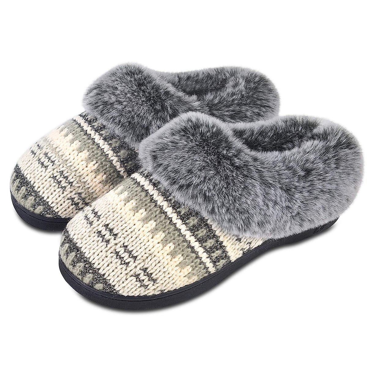 DL Women's House Slippers with Fuzzy Plush Faux Fur Collar, Memory Foam Slip on House Shoes with Indoor Outdoor Anti-Skid Rubber Sole, Grey/white, 7-8