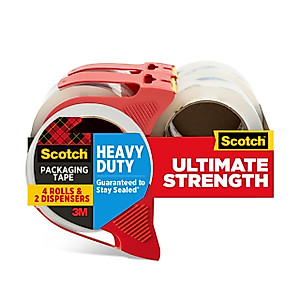3M Scotch Heavy Duty Shipping Packaging Tape – 1.88 in x 54.6 yds, Clear – 4 Rolls with 2 Dispensers – Strong Seal for All Box Types
