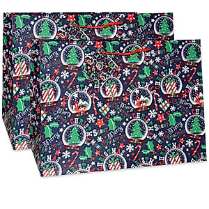 Gift Boutique 12 Jumbo Christmas Tote Bags with Handles 15" Wide X 11" High X 11" Deep Extra Wide Large Giant Reusable Grocery Shopping Paper Bags Big Gusset for Food Cookie Container & Foil Tin Pan