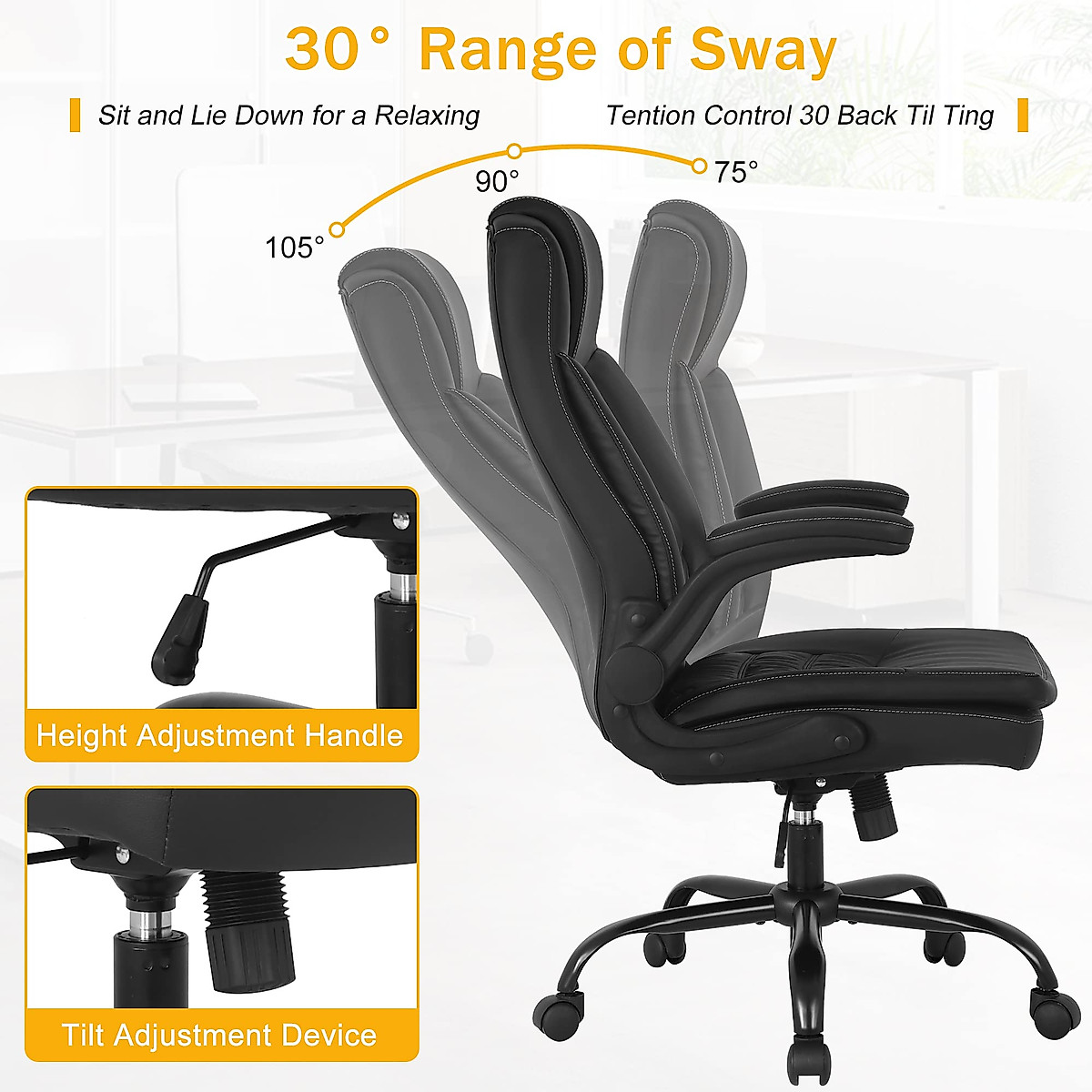 Ergonomic PU Leather Home Office Chair High Back Flip up Armrest Desk Computer Chair Adjustable Height Rolling Swivel Task Chair Modern Executive 250LBS Work Chair w/Lumbar Support for Adults(Black)
