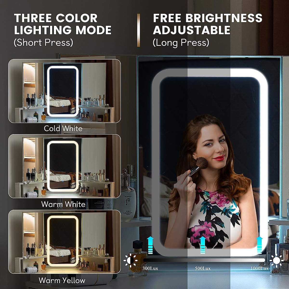 JanflyHome Vanity Desk, 57" Makeup Vanity Desk with Mirror and Lights, White Vanity Set with Charging Station & RGB Cabinets, Vanity Table with Storage Stool, Corner Vanity Desk for Girls Bedroom……