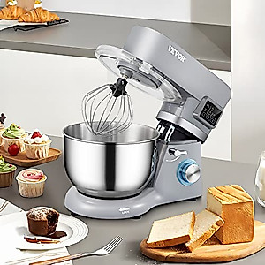 VEVOR Stand Mixer, 660W Electric Dough Mixer with 6 Speeds LCD Screen Timing, Tilt-Head Food Mixer with 5.8 Qt Stainless Steel Bowl, Dough Hook, Flat Beater, Whisk, Scraper, Splash-Proof Cover - Gray