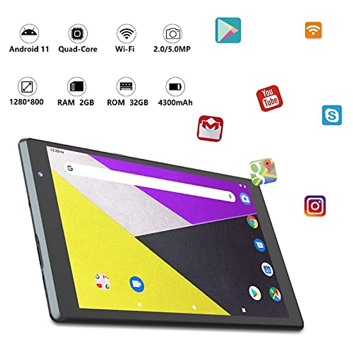 BYANDBY Android Tablet with case 8 inch, Android 11 Tablet, 2GB RAM 32GB ROM, Quad-Core Processor, Dual Camera, WiFi, BT, 128GB Expand, GMS Certified（with Leather case）