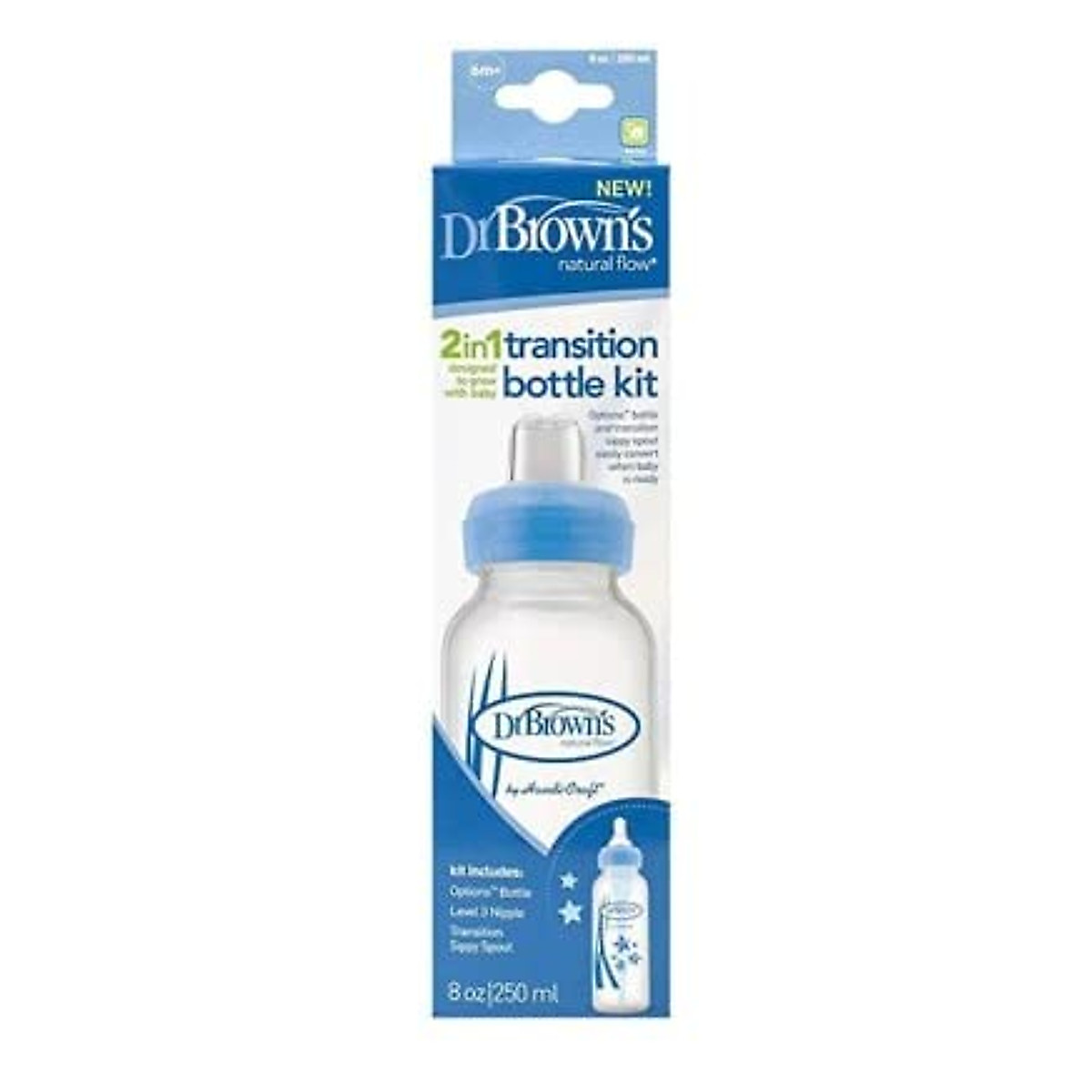 DR. Brown's Options Baby Bottles, 2-in-1 Transition KIT, Single, Blue, 8 Ounce