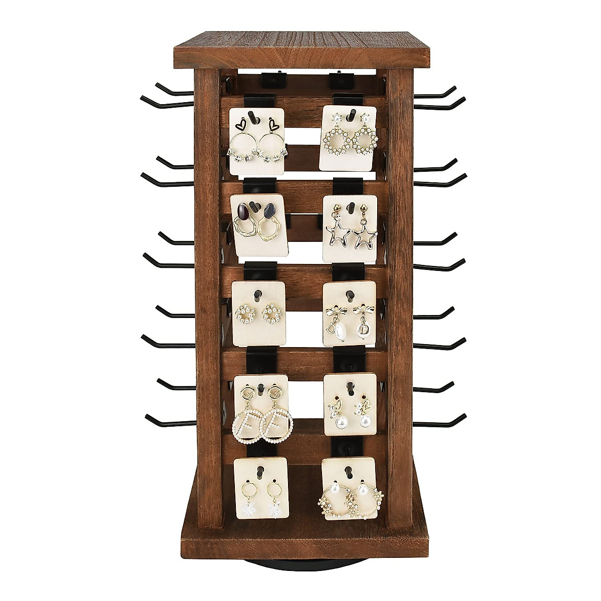 Ikee Design 5 Tiers Easy Assemble Wood Rotating Jewelry Display Tower with 42 Removable Hooks,Spinning Earring Card Storage Display Stand for Store, Showcase, Tradeshow and Home,Brown Color