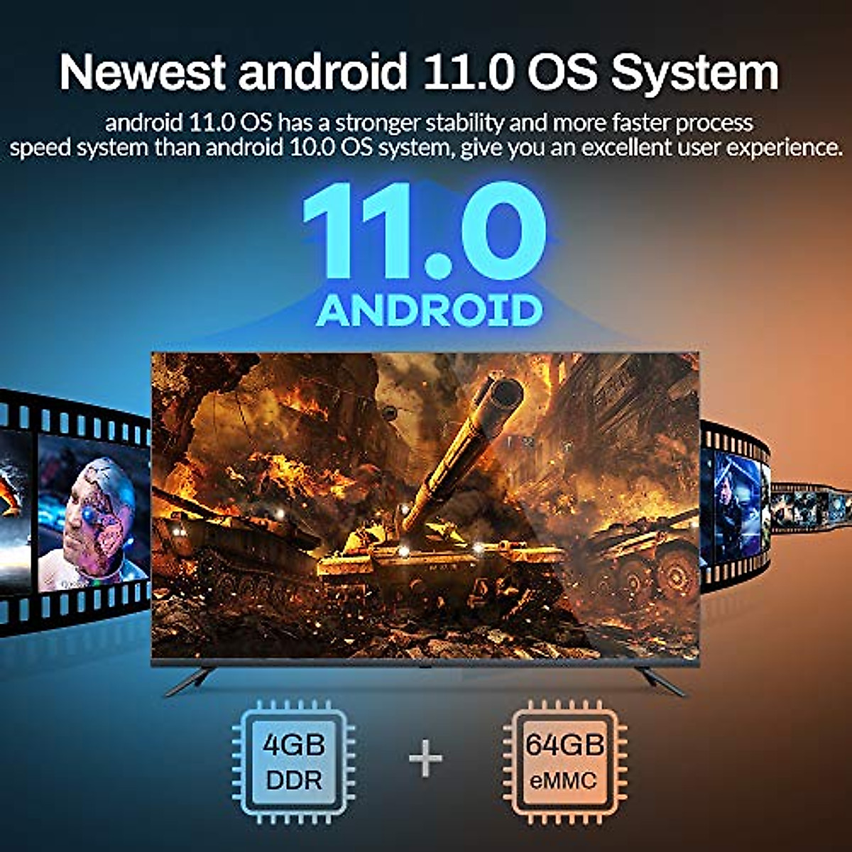 Android TV Box 11, RK3318 USB 3.0 Ultra HD 4K HDR 4GB RAM 64GB ROM 2.4G 5.8G Dual Band WiFi with BT 4.1 WiFi 100M Ethernet with Backlit Mini Keyboard Set Top TV Box