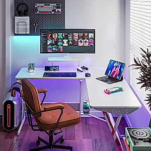 MOTPK White Gaming Desk with LED Lights, Carbon Fiber L Shaped Gaming Desk, Corner Gaming Desk L shape, Gamer Desk Gaming Table with Monitor Stand & Cup Holder & Headphone Hook, 51 Inch, Gift Ideas