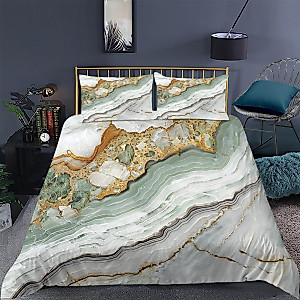 CCoutueChen Sage Green Marble Duvet Cover Queen Size Gold Foil Print Comforter Bedding Set Green White Marble Duvet Covers Set Modern Abstract Comforter Cover with 2 Pillowcases（Girls Women Adult）