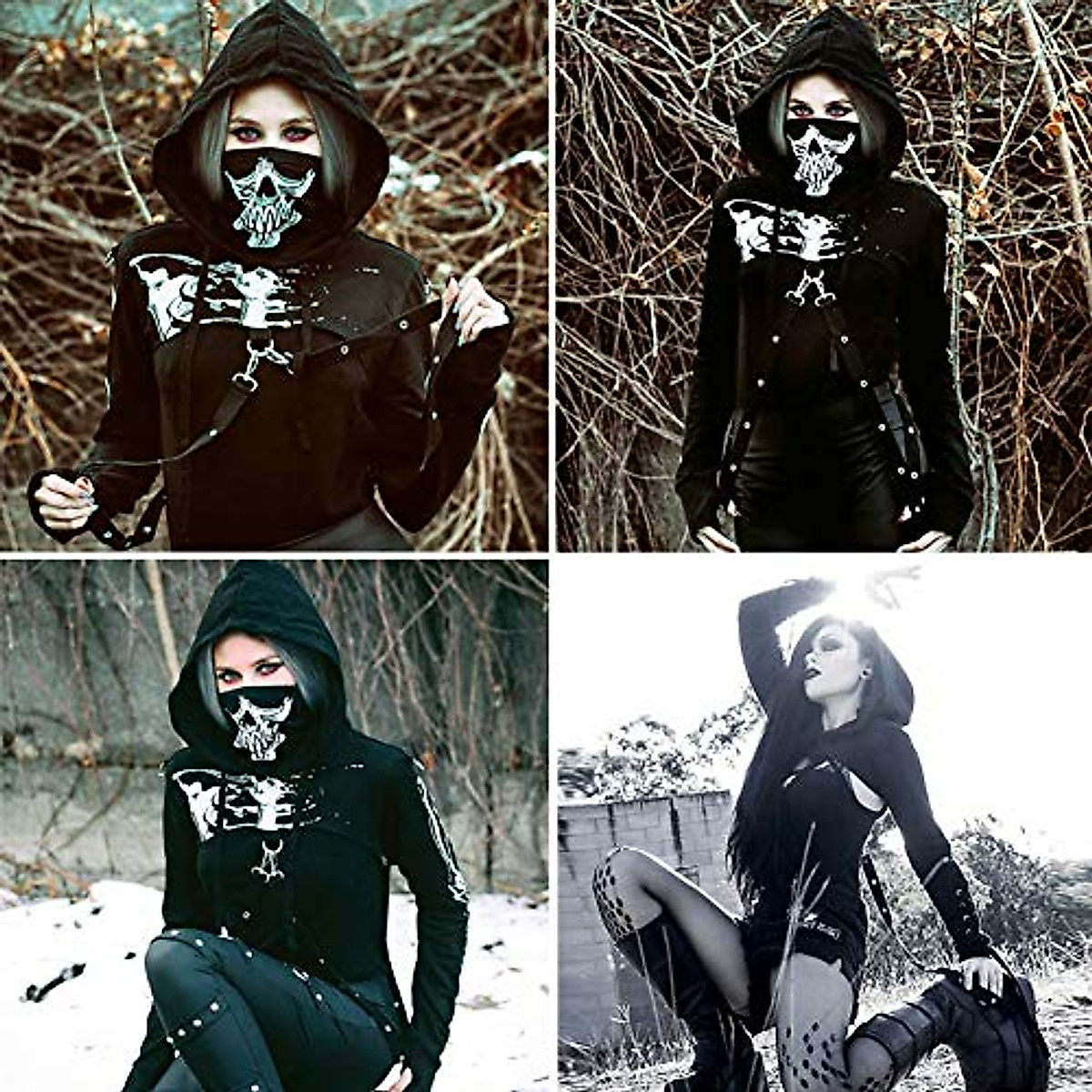 Women Gothic Skeleton Print Hoodies Mask Bandage Crop Top Lace Up Pullover Sweatshirt for Rave Festivals Streetwear