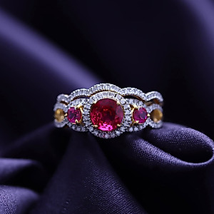 GEMVIO Collection Three Stone Ring, Round Cut Lab Created Ruby Gemstone & Natural Diamond Halo Bridal Set Engagement Ring In 14K Yellow Gold Over Sterling Silver Wedding Band Ring-8
