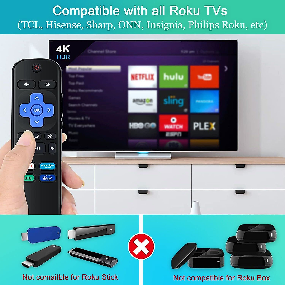 Universal TV Remote Control for All Roku TV + Night Glow Remote Case, Ukiism Replacement Remote for TCL Roku/Hisense Roku/Sharp Roku TV,TV Remote with Netflix Disney+/Hulu/Prime Video