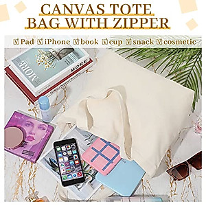 Epakh 10 Pack Natural Tote Bag with Zipper Reusable Canvas Grocery Bag Blank Cotton Tote Bags with Handles Large Plain Shopping Totes for Women Men DIY Painting Crafting Multipurpose Totes Set, Beige