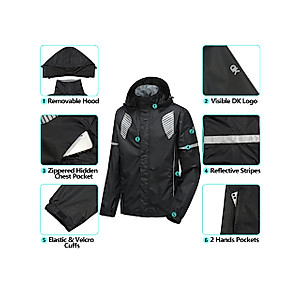 Little Donkey Andy Men's Waterproof Cycling Rain Jacket Reflective Rain Shell Coat Outdoor Packable Windbreaker Removable Hood Raincoats for Running,Hiking,Golf,Travel Black XL