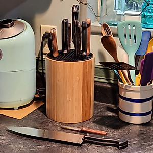 Diosbles Bamboo Universal Knife Block With Slots For Scissors And Sharpening Rod, Round Kitchen Knife Storage Holder Unique Slot Design To Protect Blade, Detachable Slot For Easy Cleaning