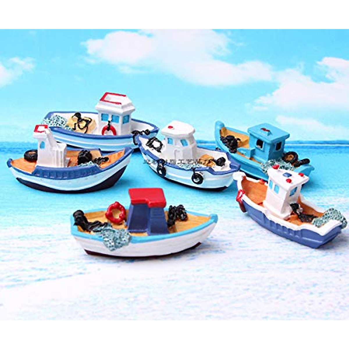 HYSTYLE 6 Pcs Mediterranean Style Miniature Dollhouse Boat Fairy Garden Miniature Boats Model Figurines Cake Topper Fairy Garden Beach Scene Ornament