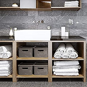 EZOWare Set of 8 Lidded Storage Bins, Large Plastic Stackable Weaving Wicker Basket Box Containers with Lid and Handle, (15.4" x 10.5" x 6.7" + 11" x 7.3" x 5.1")