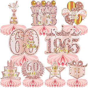 9 Pcs 60th Birthday Decoration for Women Happy 60th Birthday Table Honeycomb Decorations Rose Gold Pink Centerpieces Tables Toppers1965 Decor Cheers to 60 Years Old Birthday Party Favors