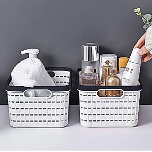 ESPEN 5Pack Plastic Storage Basket White, Desktop Weave Baskets with Handle, Portable Bathroom Open Storage Bin, Small Plastic Containers Shelf Brackets for Shelves Countertop Kitchen Cabinet Office