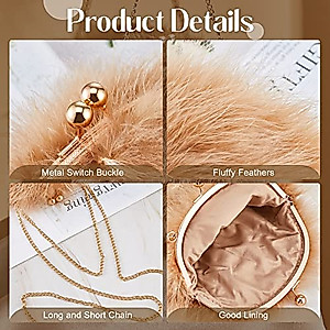Women's Feather Clutch Purse Faux Fluffy Feather Round Clutch Shoulder Crossbody Bag Vintage Evening Bags with 2 Chains for Girls, Light Camel