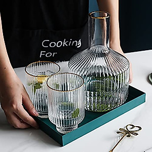 1500 C Tabletop Tiara Optic Swirl Bedside Carafe 1 Pitcher 59 oz. and 2 Tumblers 11.5 oz. Gold Rim Bedside Water Carafe with Glass Cups for Nightstand