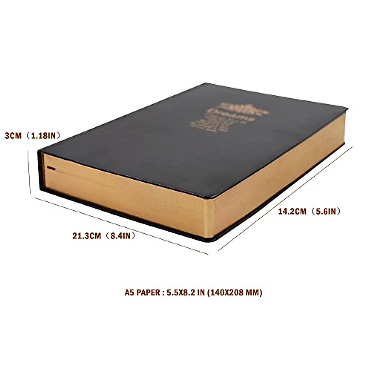 Lined Journal Notebook, Black Faux Leather Cover, 100Gsm Premium Thick Papers with Golden Rim, 416 Pages A5 Dream Journals for Writing