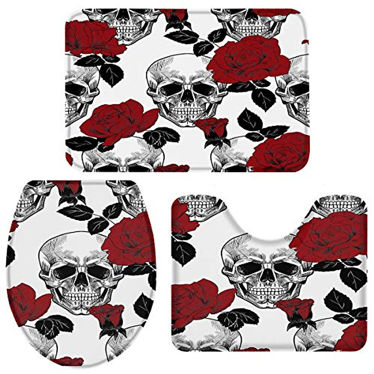 Women Trend 3 Piece Bath Rugs Set Red Rose Leaves Skull Non-Slip Bathroom Mats Absorbent Contour Soft Mat Toilet Lid Cover Bathroom Decor Set- 20"x32"+16"x18"+16"x20"