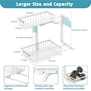 Liuoud Under Sink Organizer 2 pack, 2 Tier Slide Out Under Sink Organizers And Storage, Height Adjustable Pull Out Cabinet Organizer Drawers, Kitchen Bathroom Metal Sink Storage Shelves, White
