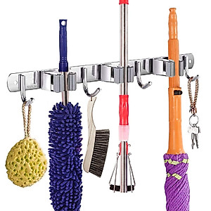 AOBIS Mop Broom Holder Wall Mount, Stainless Steel Broom Holder, Broom Organizer for Home, Laundry, Bathroom, Kitchen, Garden, Garage, Utility Tools Organization and Storage Durable(3 Racks 4 Hooks)