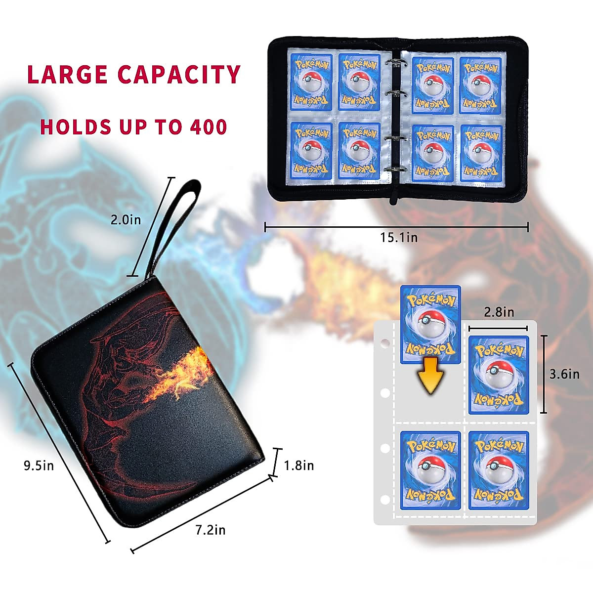 Trading Card Binder 4-Pocket for Trading Cards Holder Sleeves Portable Card Collector Book Fits 400 Cards with 50 Removable Sleeves Card Storage with Zipper Holder