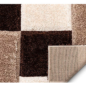 Well Woven Ella Brown Geometric Boxes Thick Soft Plush 3D Textured Shag Area Rug 4x6 (3'11" x 5'3")