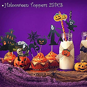Halloween Party Supplies Cake Toppers, 25PCS Halloween Cupcake Picks Set, Haunted House Cake Decor with Pumpkin Ghost and Skull, Bake Dessert Favors for Halloween Kids Decorations Gift