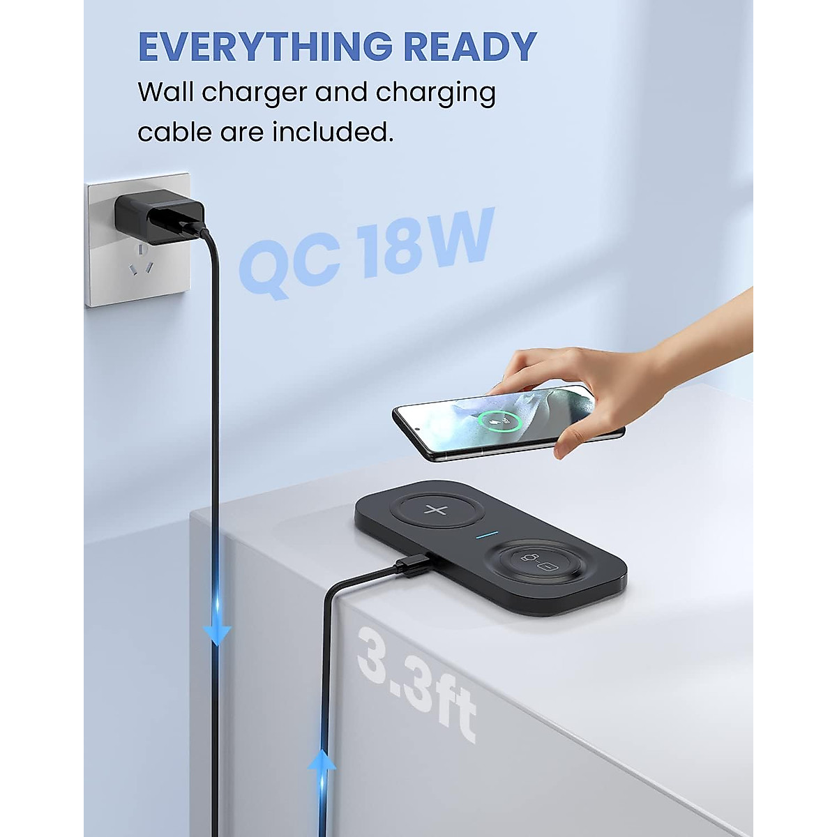 JoyGeek Dual Wireless Charger for Samsung Multiple Devices, 2 in 1 Wireless Charging Pad for Samsung Galaxy Watch 5/4/3, Galaxy S23/S22/S21/S20/S10/Note20/10, Active 2/1, Galaxy Buds 2/+/Pro/Live