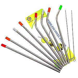 Kichwit Extra Long Stainless Steel Straws Set of 8, Reusable Wide Straws for Smoothies, 10.5 Inches Long, 5/16" Wide, Metal Drinking Straws, 2 Cleaning Brushes Included