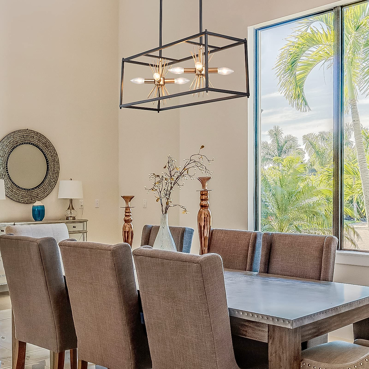 PHOSANT LIGHTING Black Gold Chandelier, 8-Light Linear Island Lights for Kitchen, 26" Modern Farmhouse Chandelier for Dining Room with Sputnik Spikes