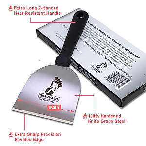 The Sasquash 'Scrape-Ula' Smashed Burger Scraper + Spatula Hybrid - Professional Grade Griddle Tool - 5 Inch Wide, Knife Grade Stainless Steel, Two-Handed Mega Burger Turner