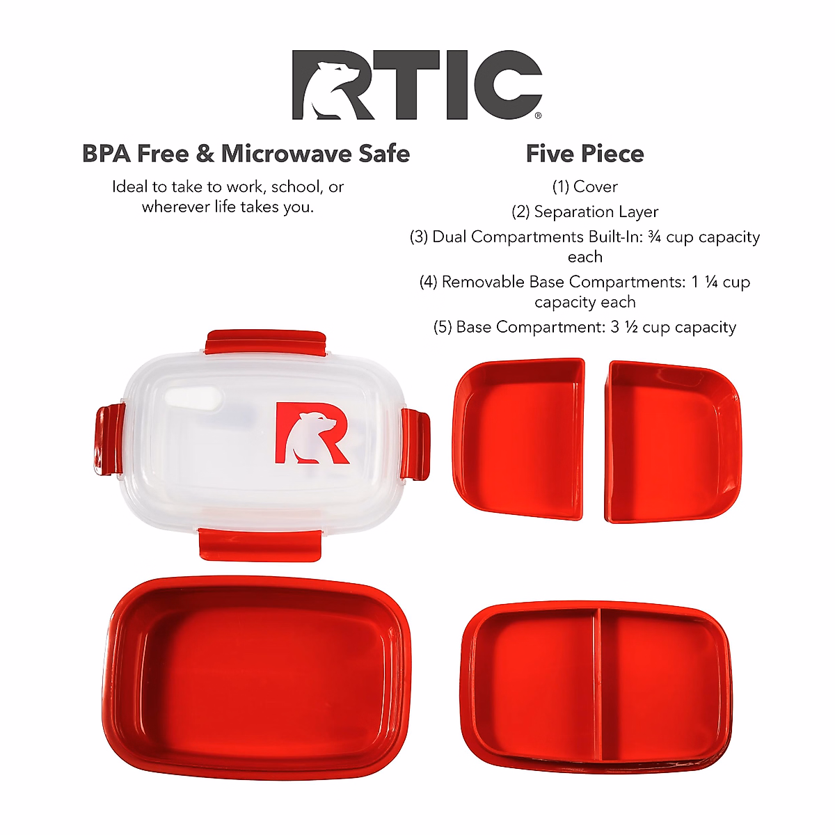 RTIC 5 Compartment Lunch Containers, Hot Food Container With Lid For Adults Or Kids, Microwave Safe Divided Snack Lunch Box For Work, School Or Travel, Reusable, BPA Free With Vent Space, Red
