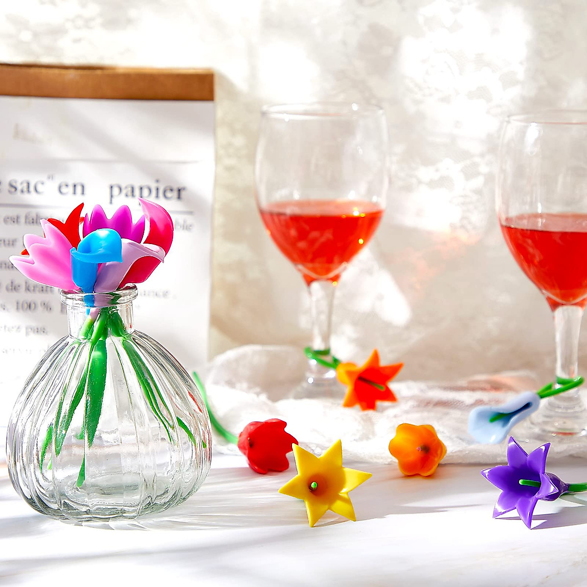 12 Pcs Floral Wine Charms Calla Lily Drink Markers Tulip Silicone Wine Marker for Identification Cocktail Martini Wine Wedding Bachelorette Party Glass Favors