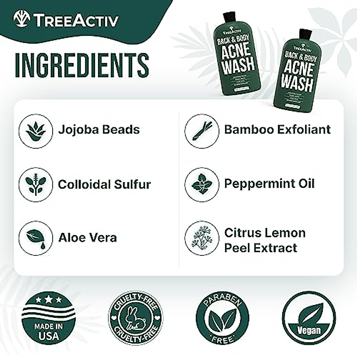 TreeActiv Acne Exfoliating Body Wash, 8oz, Foam Cleanser for All Skin Types, Sulfur, Aloe Vera, Jojoba Beads